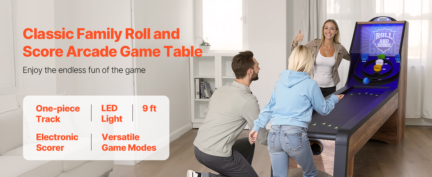 9 ft Roll & Score Arcade Game Table LED Electronic Scorer Home Game Room 4 Balls | VEVOR US