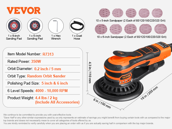 VEVOR Random Orbital Sander 5 & 6-Inch Brushless Orbital Sander Sander ...