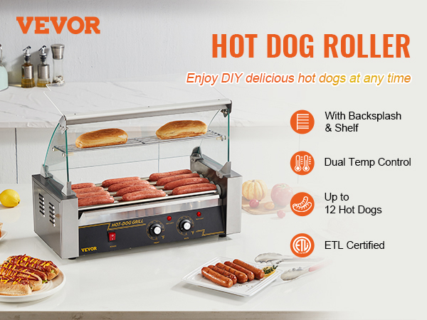 VEVOR Hot Dog Roller 5 Rollers 12 Hot Dogs Capacity, 750W Stainless ...