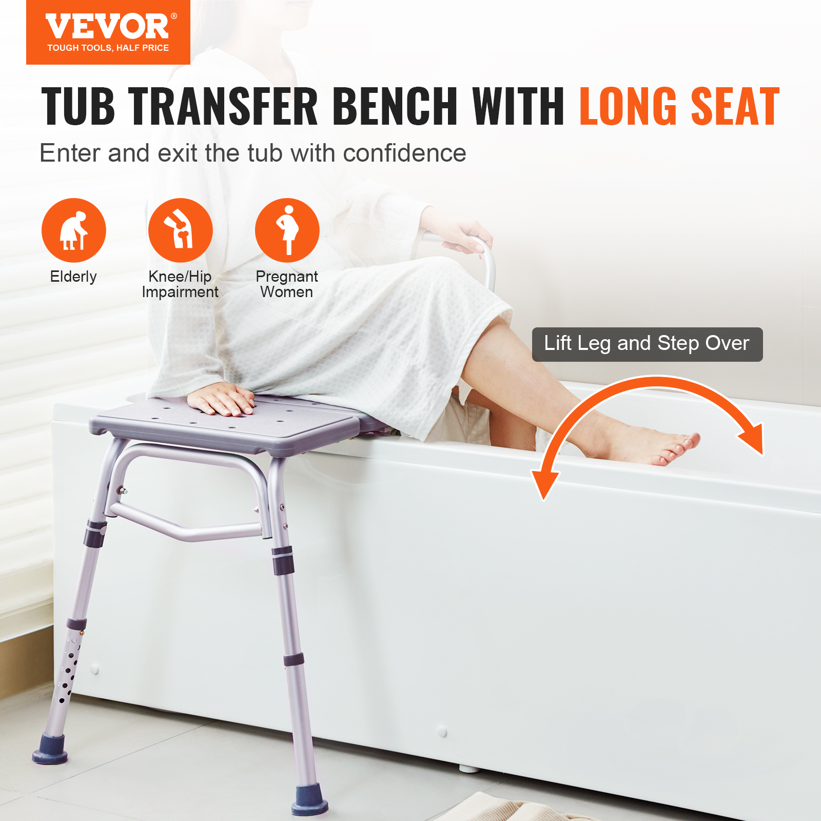 VEVOR Tub Transfer Bench Bathtub Shower Seat Height Adjustable300 ...
