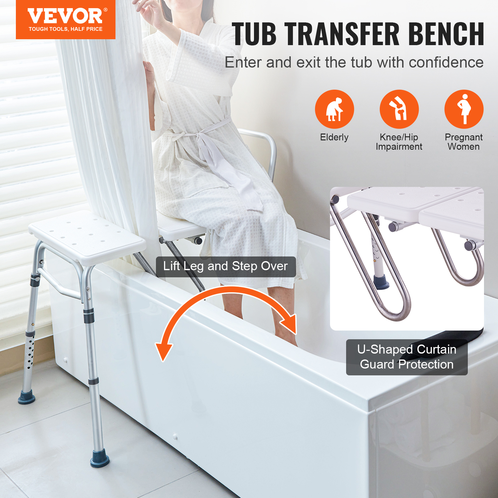 VEVOR Tub Transfer Bench Bathtub Shower Seat Adjustable 300-500LB w ...