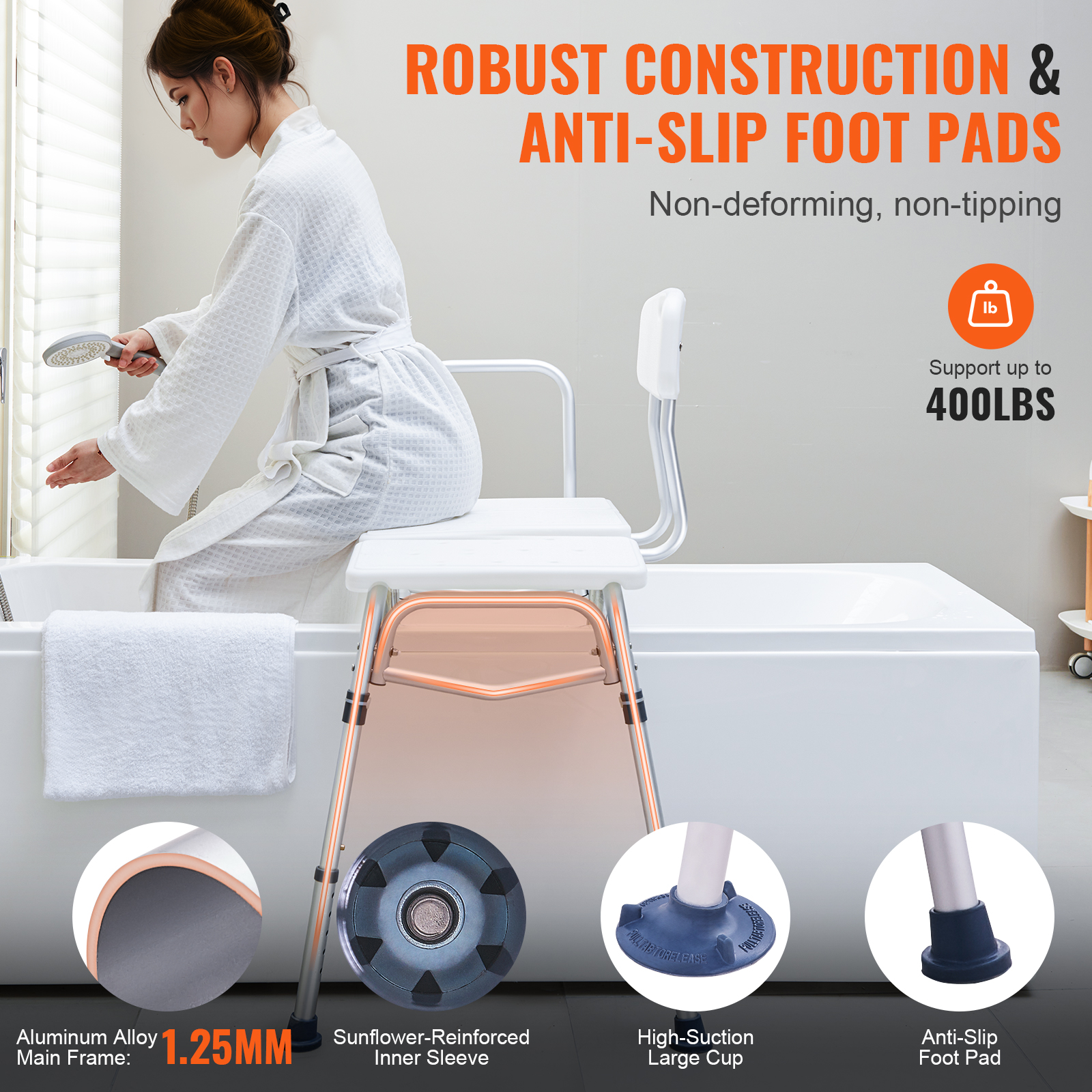 VEVOR Tub Transfer Bench Bathtub Shower Seat Adjustable 300-500LB w ...