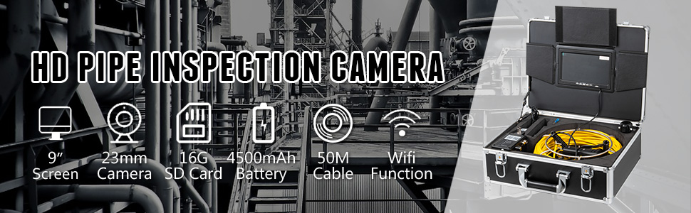 VEVOR 50M 9 Inch WiFi 23mm Pipe Inspection Camera 1000 TVL and 12 LED ...