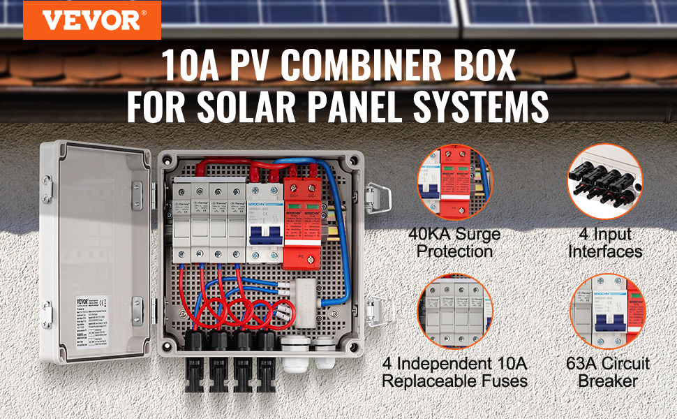 VEVOR Solar PV Combiner Box 4 String 10A for Solar Panel System ABS ...