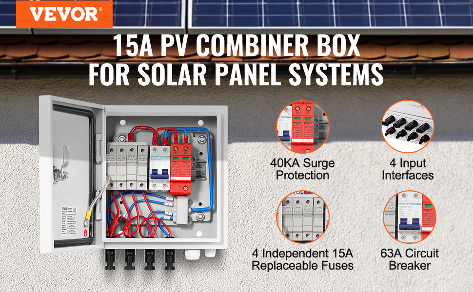 VEVOR Solar PV Combiner Box 4 String 15A for Solar Panel System Steel ...