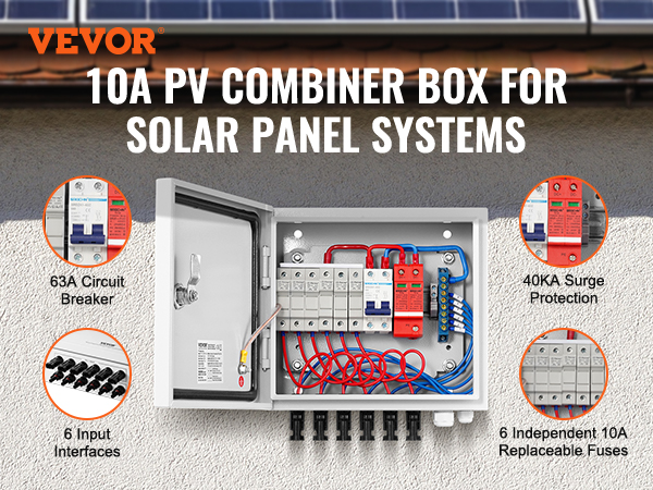 VEVOR Solar PV Combiner Box 6 String 10A for Solar Panel System Steel ...