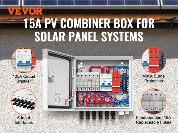 VEVOR Solar PV Combiner Box 6 String 15A for Solar Panel System Steel ...