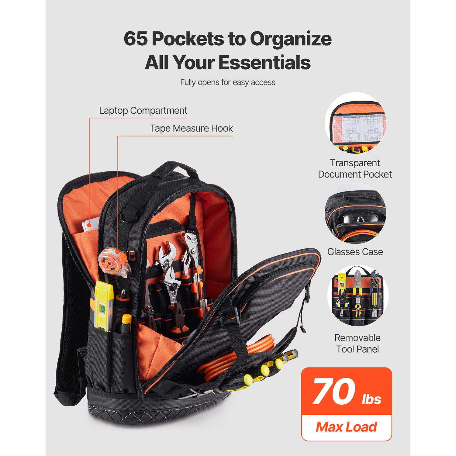 Mophorn Durable Tool Backpack with 65 Pockets, Rugged Storage Organizer ...