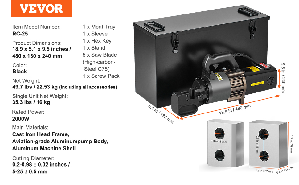 VEVOR 2000W Electric Hydraulic Rebar Cutter Cutting up to 1 Inch #8 4 ...
