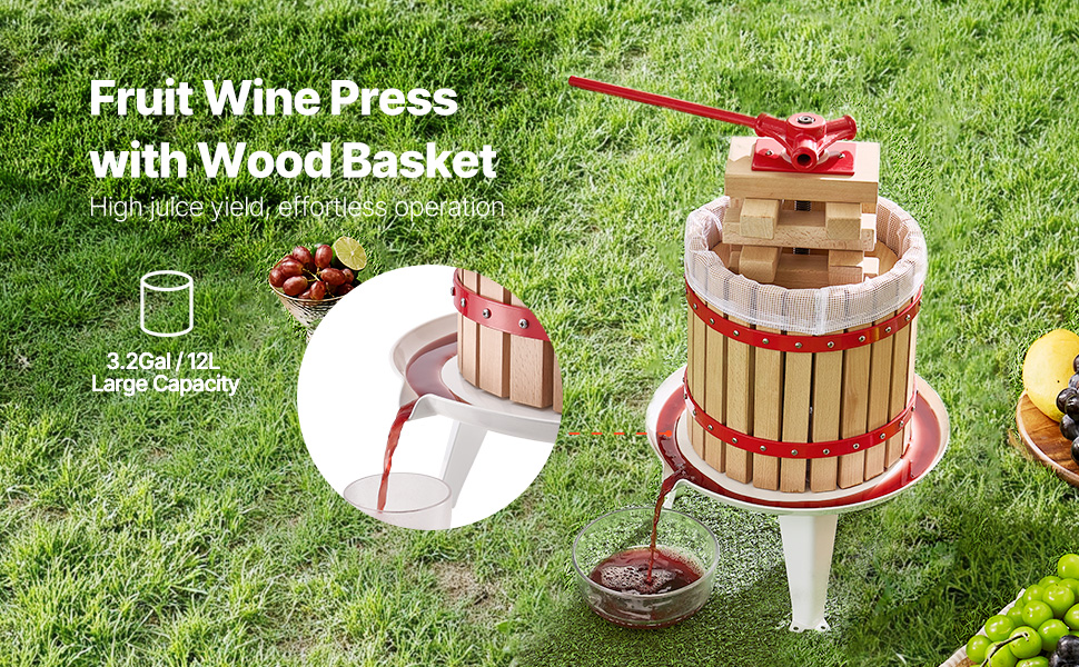 VEVOR Fruit Wine Press Manual Press for Wine Making 3.2 Gal/12L Wood ...