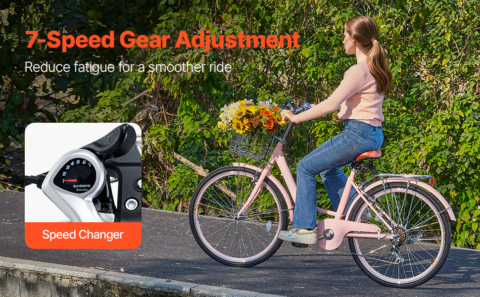 VEVOR 26-Inch Cruiser Bike 7-Speed Pink Beach Cruiser Bike with Basket ...