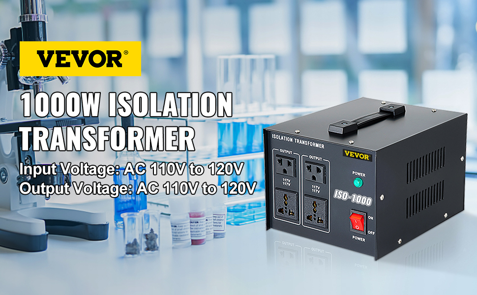 VEVOR Isolation Transformer, 1000Watts Surge, 4 Outlets AC 110V to 120V ...