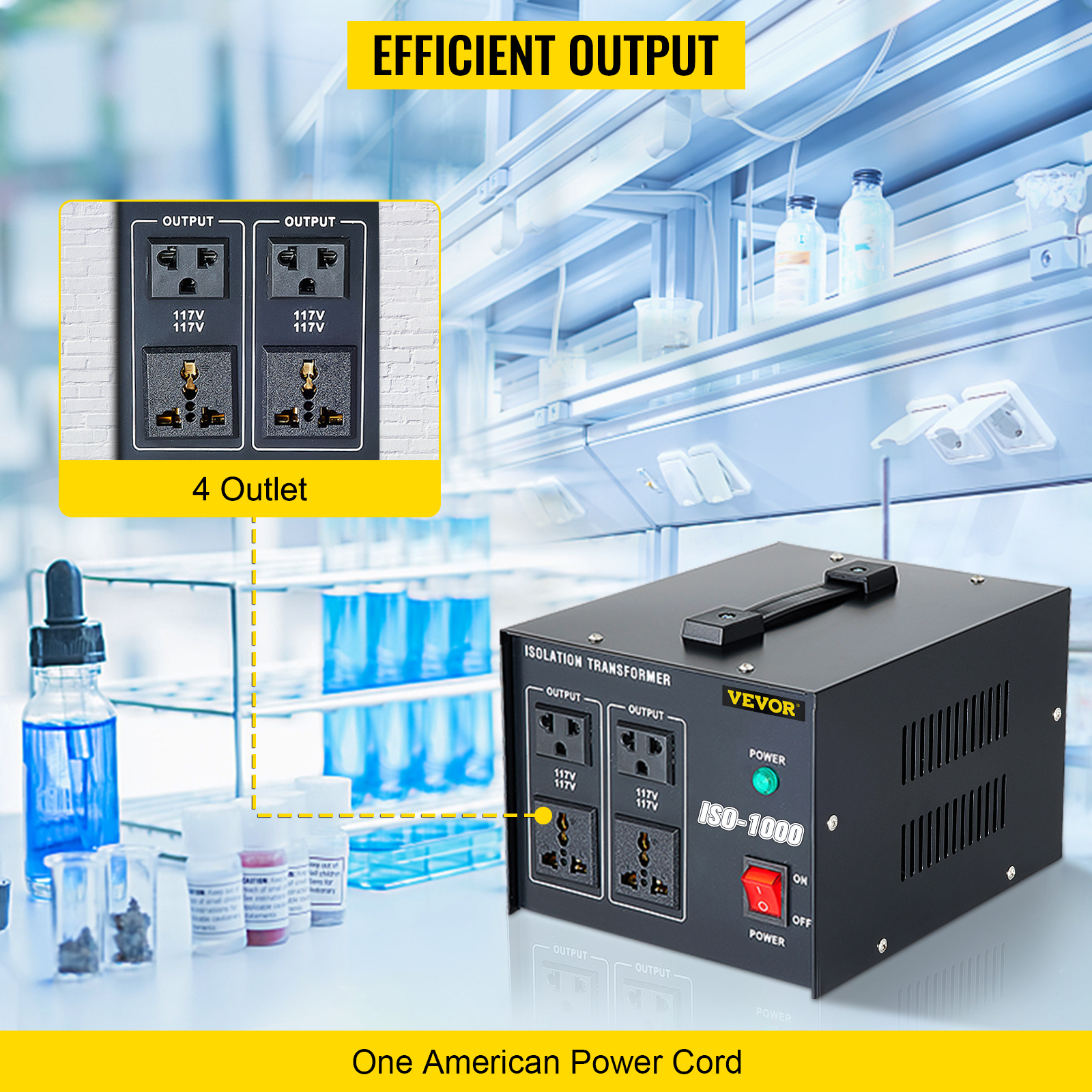 VEVOR Isolation Transformer, 1000Watts Surge, 4 Outlets AC 110V to 120V ...