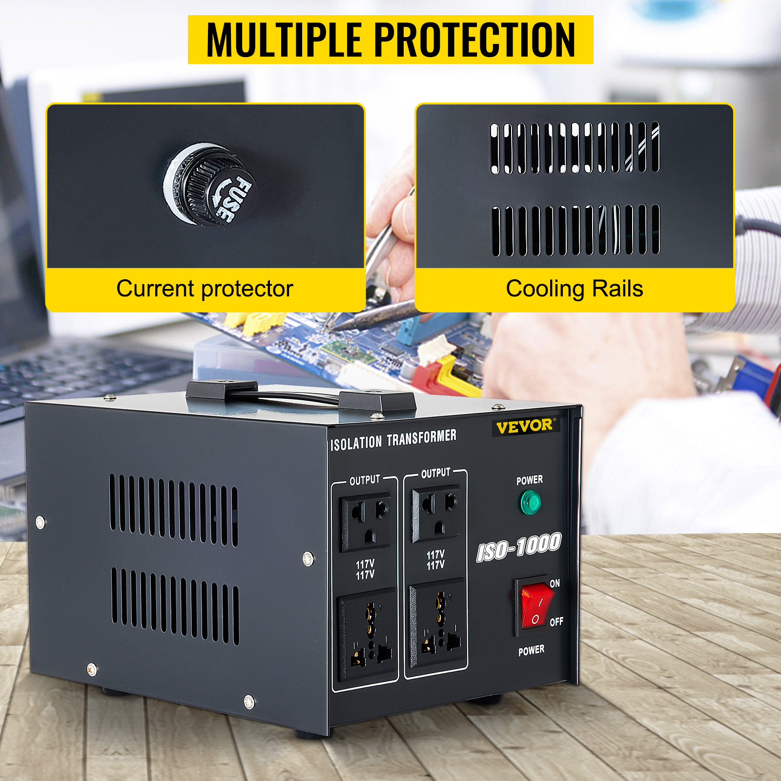 VEVOR Isolation Transformer, 1000Watts Surge, 4 Outlets AC 110V to 120V ...