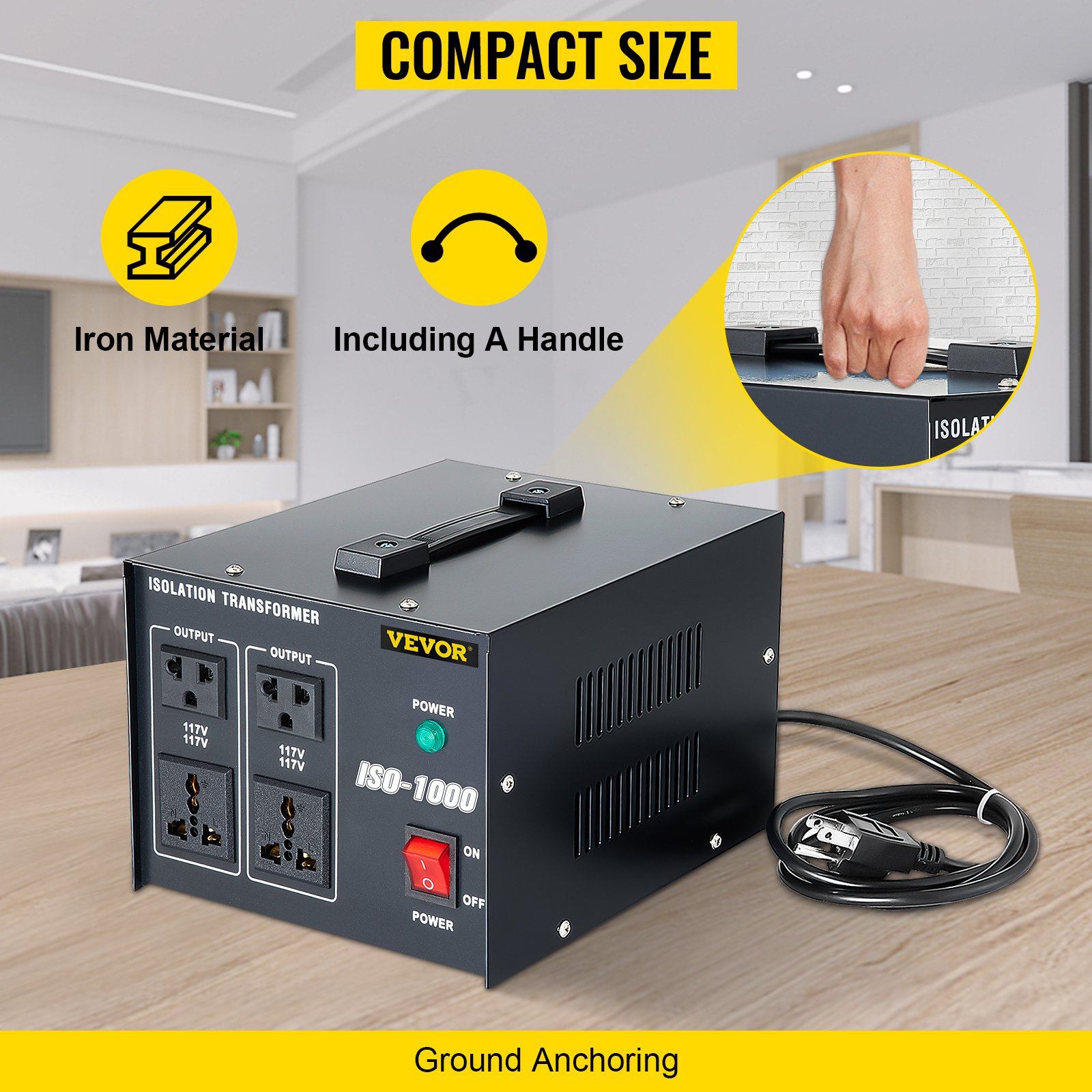 VEVOR Isolation Transformer, 1000Watts Surge, 4 Outlets AC 110V to 120V ...