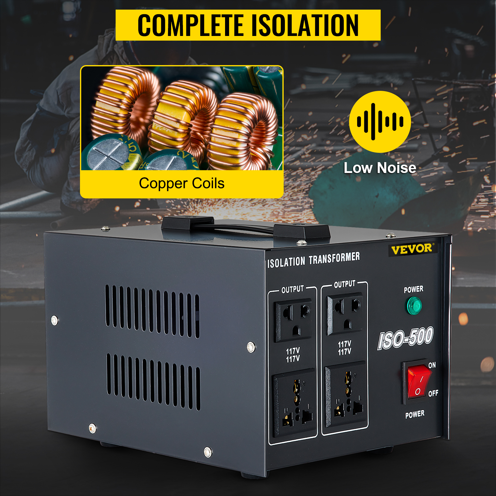 VEVOR Isolation Transformer, 500Watts Surge, 4 Outlets AC 110V to 120V ...