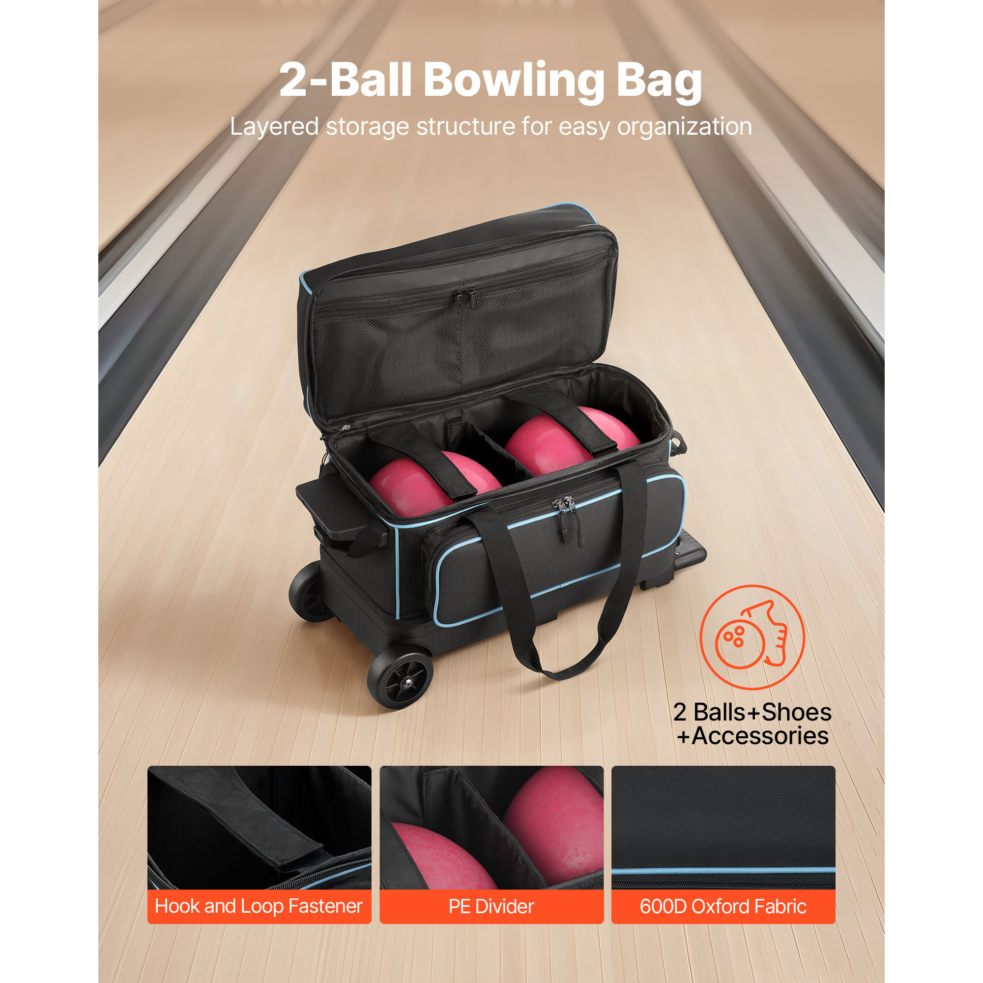 Mophorn 2-Ball Roller Bowling Bag with Wheels, Includes Separate Shoe ...