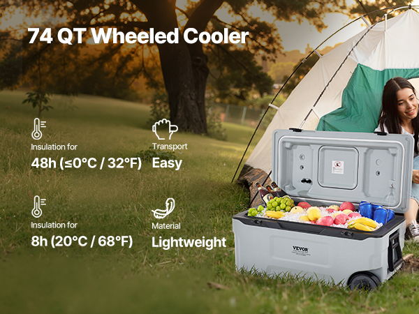 Portable Cooler 74 QT Insulated Wheeled Cooler 120 Can Capacity with ...