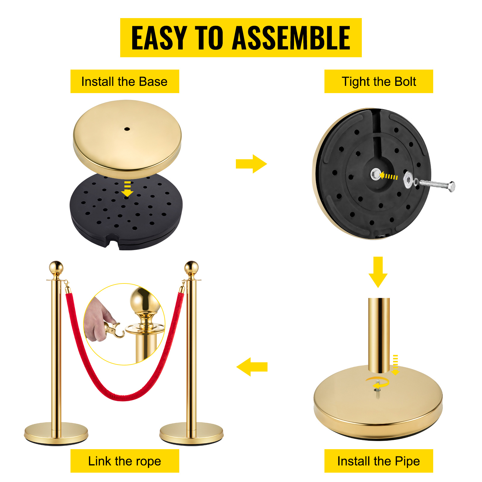 Mophorn Set of 2 Gold Queue Control Barrier Posts Stands with 1.5M Red ...