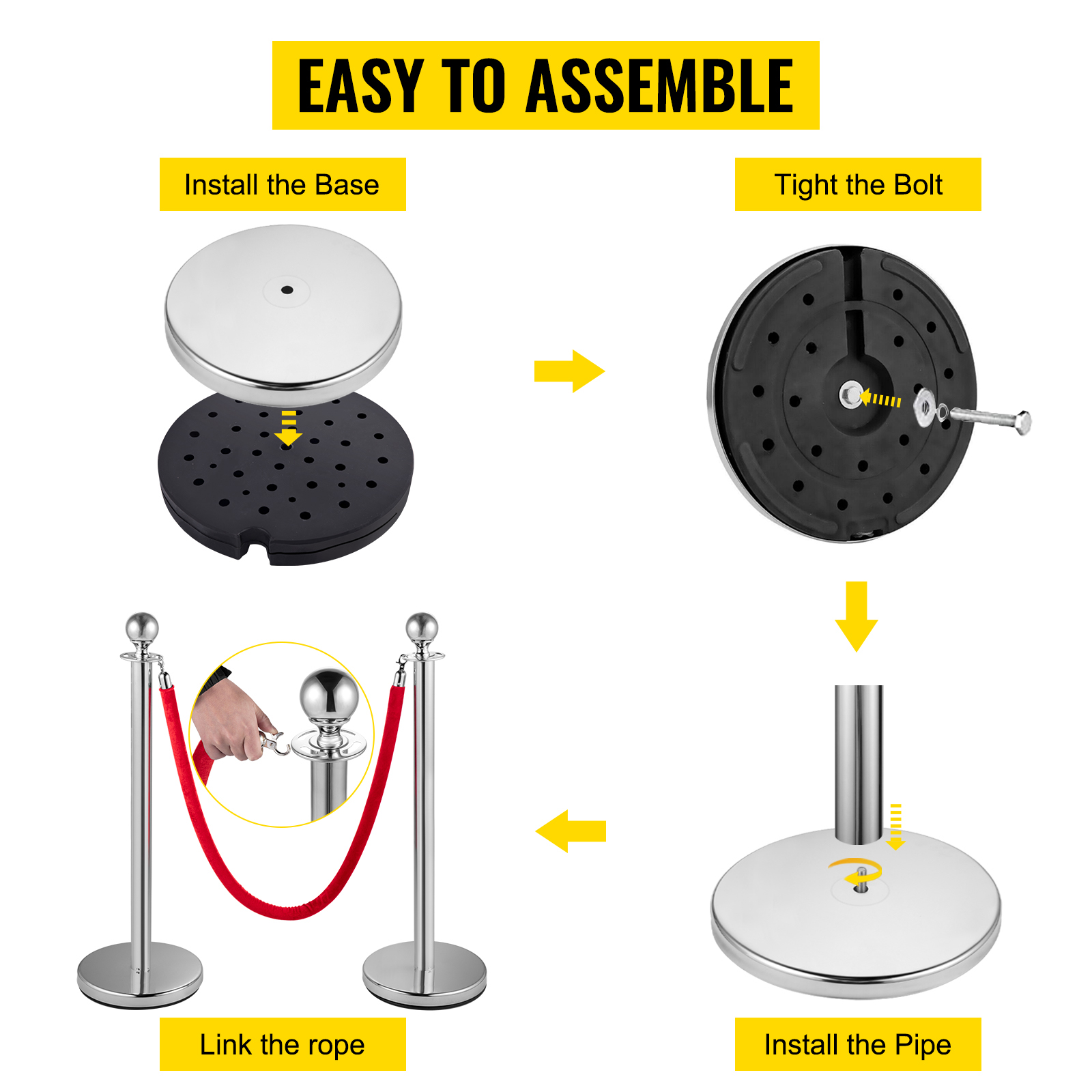 Mophorn Retractable Stanchion Post 4 Pack Silver Round Queue Barrier ...
