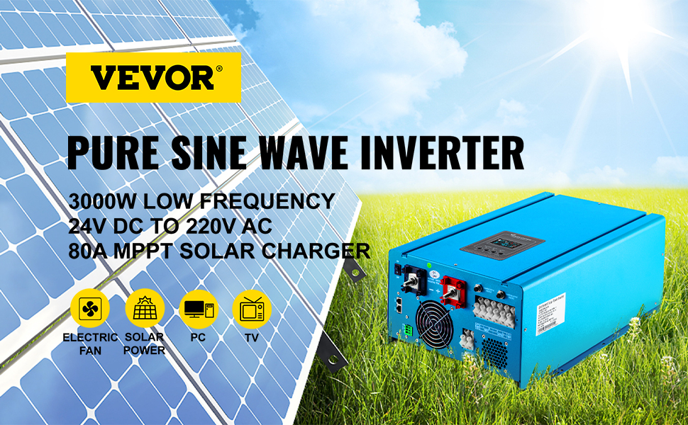 VEVOR VEVOR 3000W Peak 9000W 24V Pure Sine Wave Power Inverter 80A ...