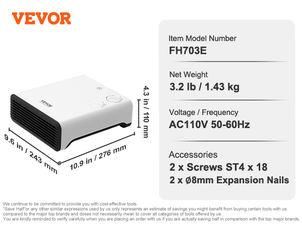 VEVOR Electric Wall Heater 1500W, Small Space Heaters with Knob ...