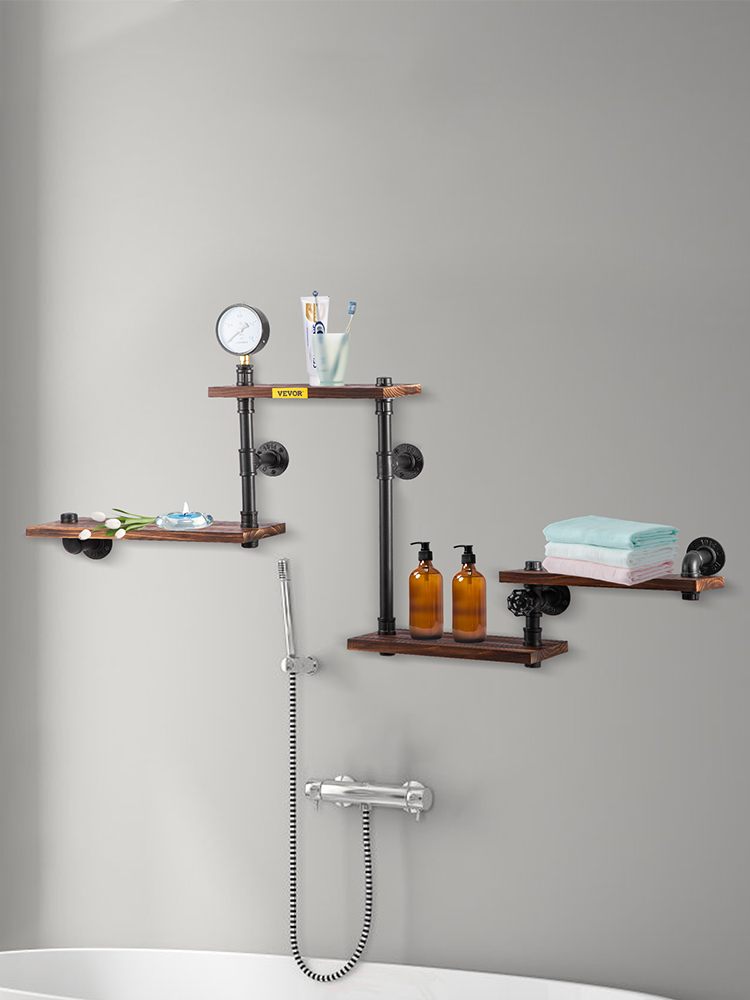 VEVOR Pipe Shelves Industrial Iron Pipe Wall Mounted w/ 4-Tier Wood ...