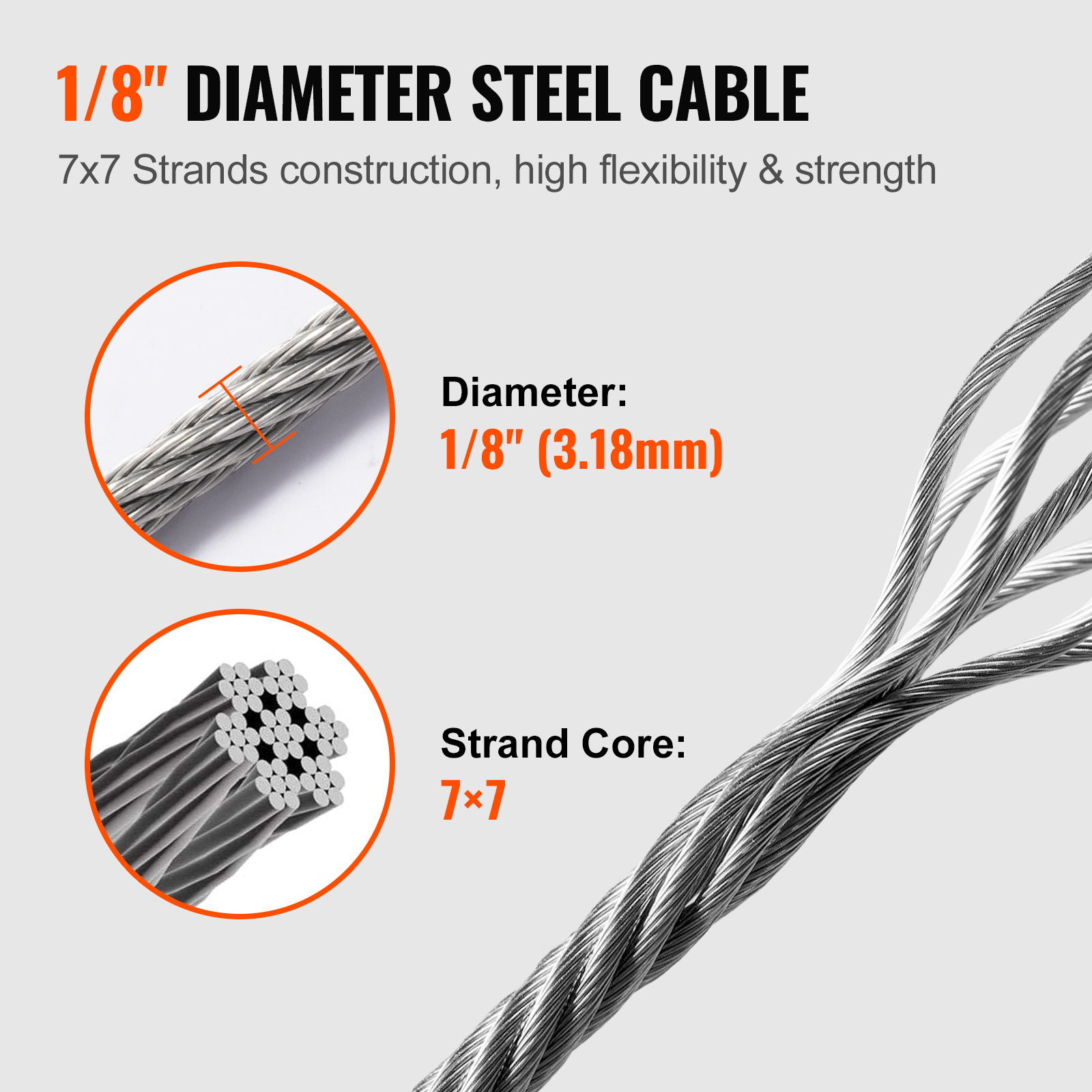 VEVOR T316 Stainless Steel Cable Railing 1/8" 7x7 Steel Wire Rope 300 ...