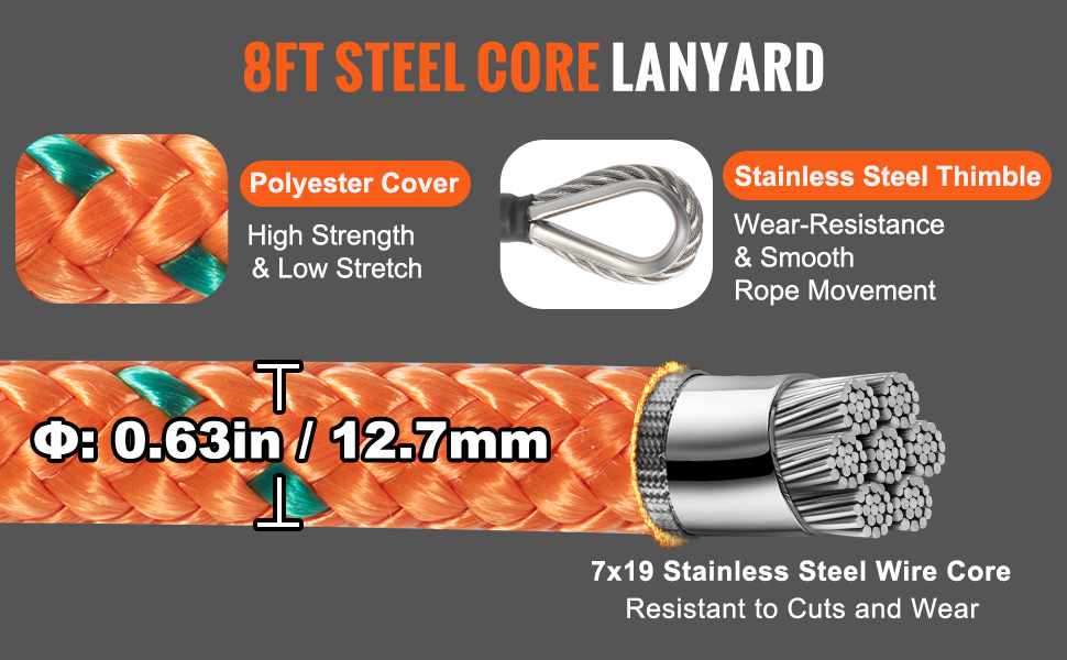 VEVOR 16mm Steel Core Flipline, 8ft(2.4m) Arborist Flipline for Tree ...