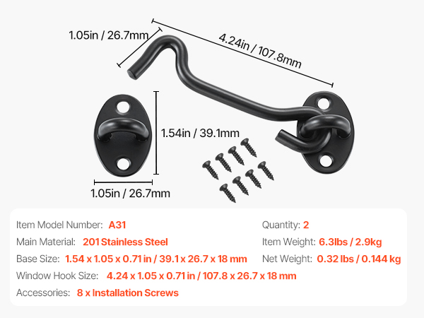 VEVOR Hook and Eye Gate Latch 2 Pack Barn Door Latch Hook with Mounting ...
