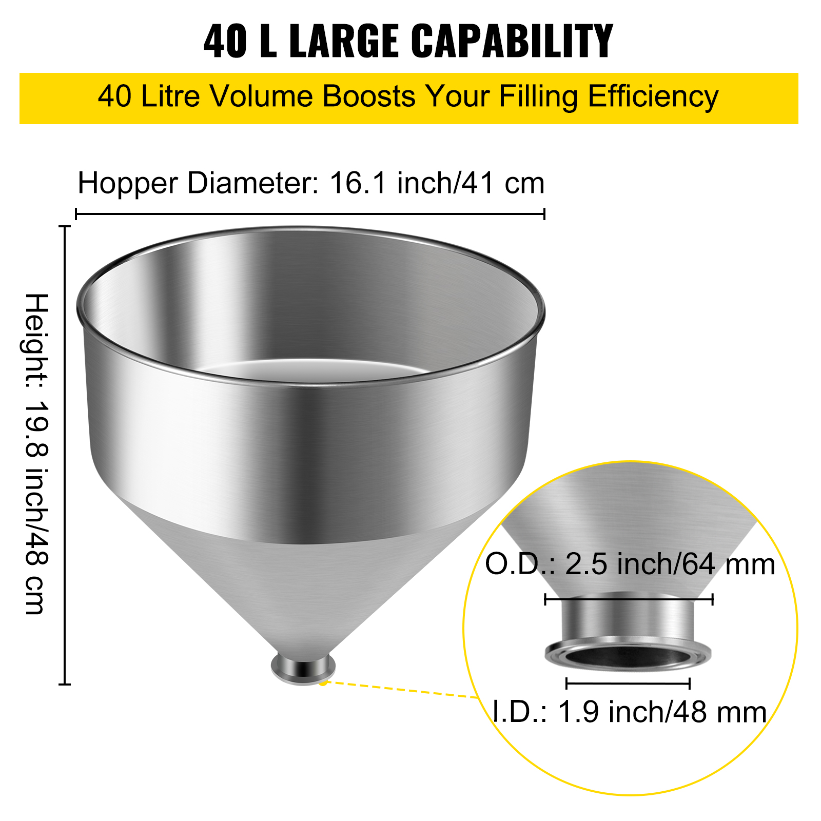 VEVOR 40L/10.6Gal 304 Stainless Steel Hopper for Paste/Liquid Filling ...