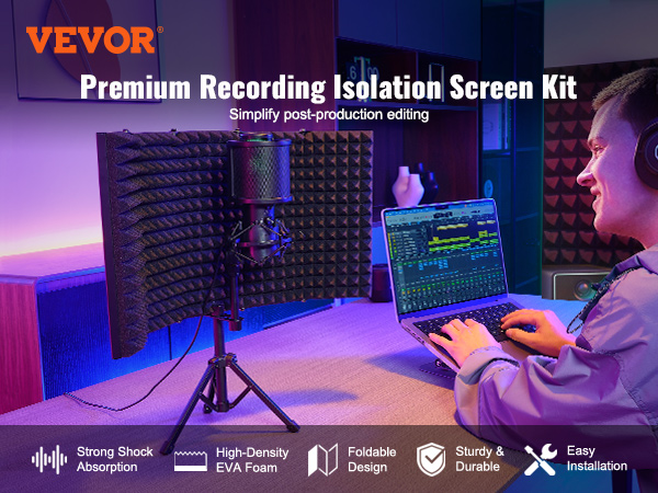VEVOR Microphone Isolation Shield, 5-Panel, Studio Recording Mic Sound ...