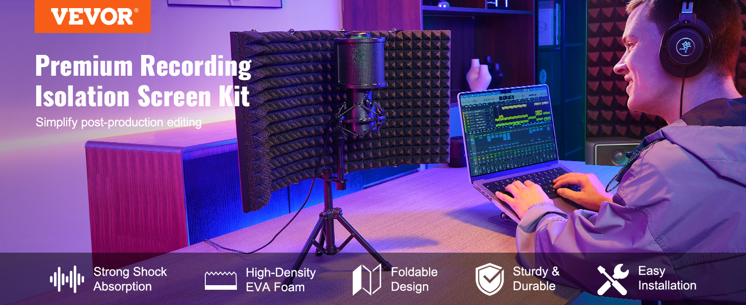 VEVOR Microphone Isolation Shield, 5-Panel, Studio Recording Mic Sound ...