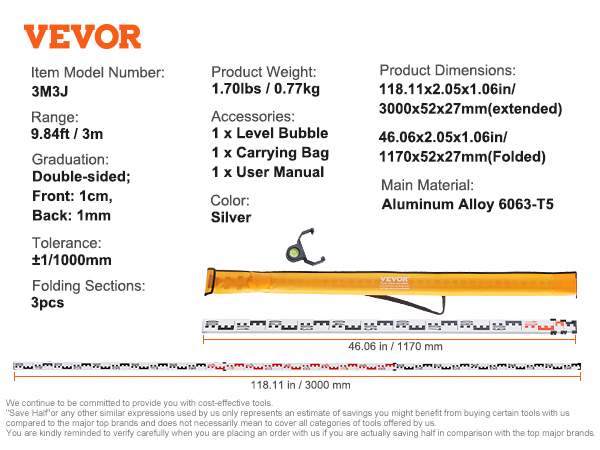VEVOR Measuring Rod 3M Metric Telescopic Grade Rod CM/MM w/ Bubble ...