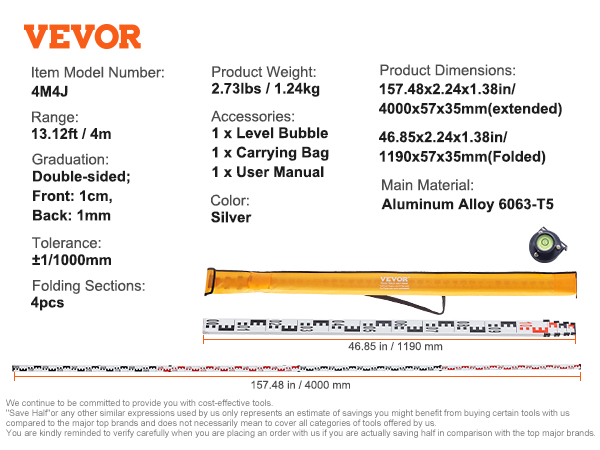 VEVOR Measuring Rod 4M Metric Telescopic Grade Rod CM/MM w/ Bubble ...