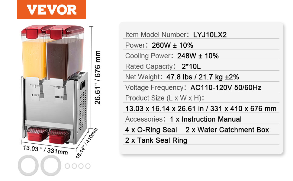 VEVOR Commercial Beverage Dispenser 10L x 2 Tanks Cold Juice Ice Drink Dispenser | VEVOR US
