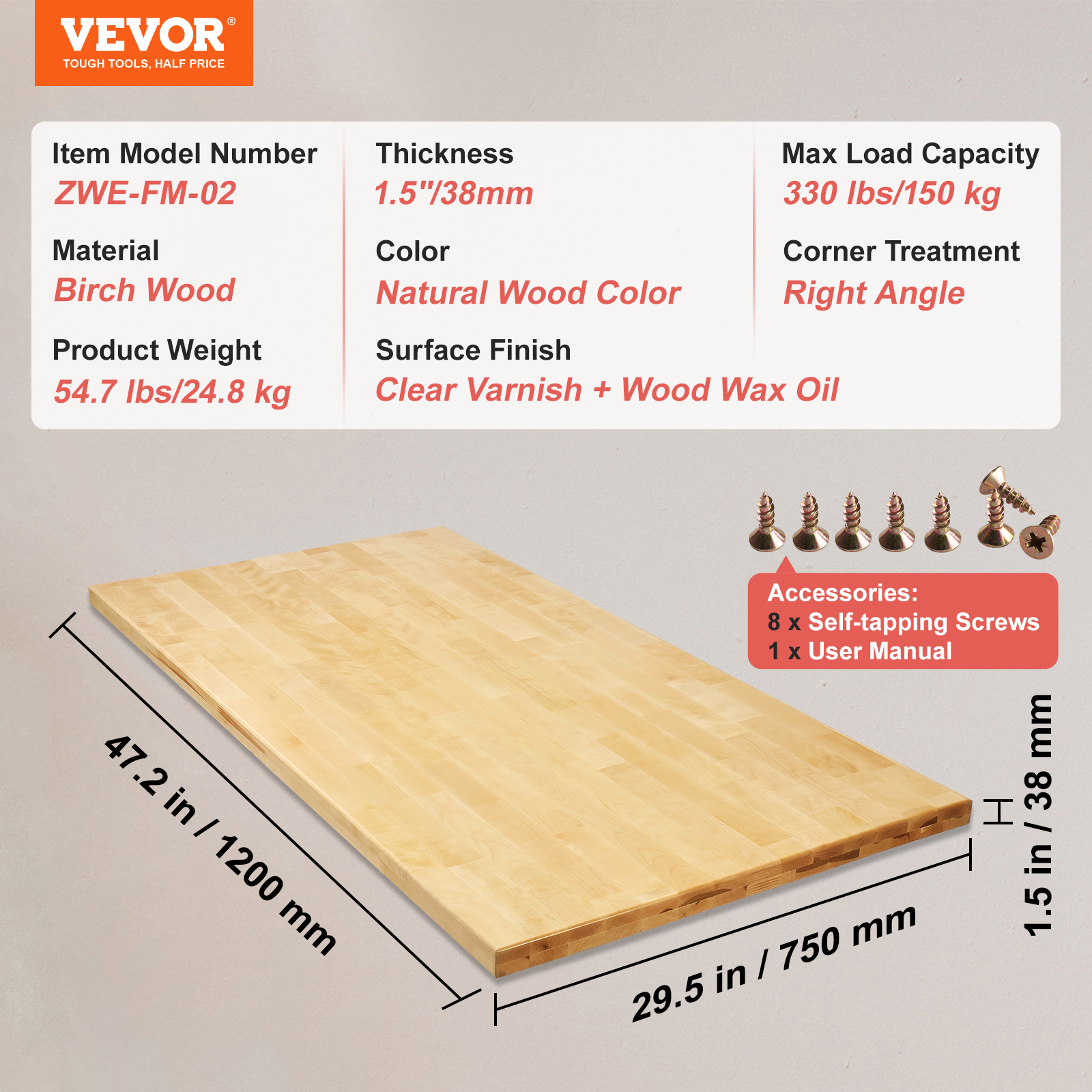 VEVOR Table Top Wood Desk Top Rectangular Particle Board 220.5/220 lb ...