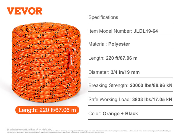 VEVOR Double Braided Polyester Rope, 3/4 in x 220 ft, 24 Strands, 20000 ...