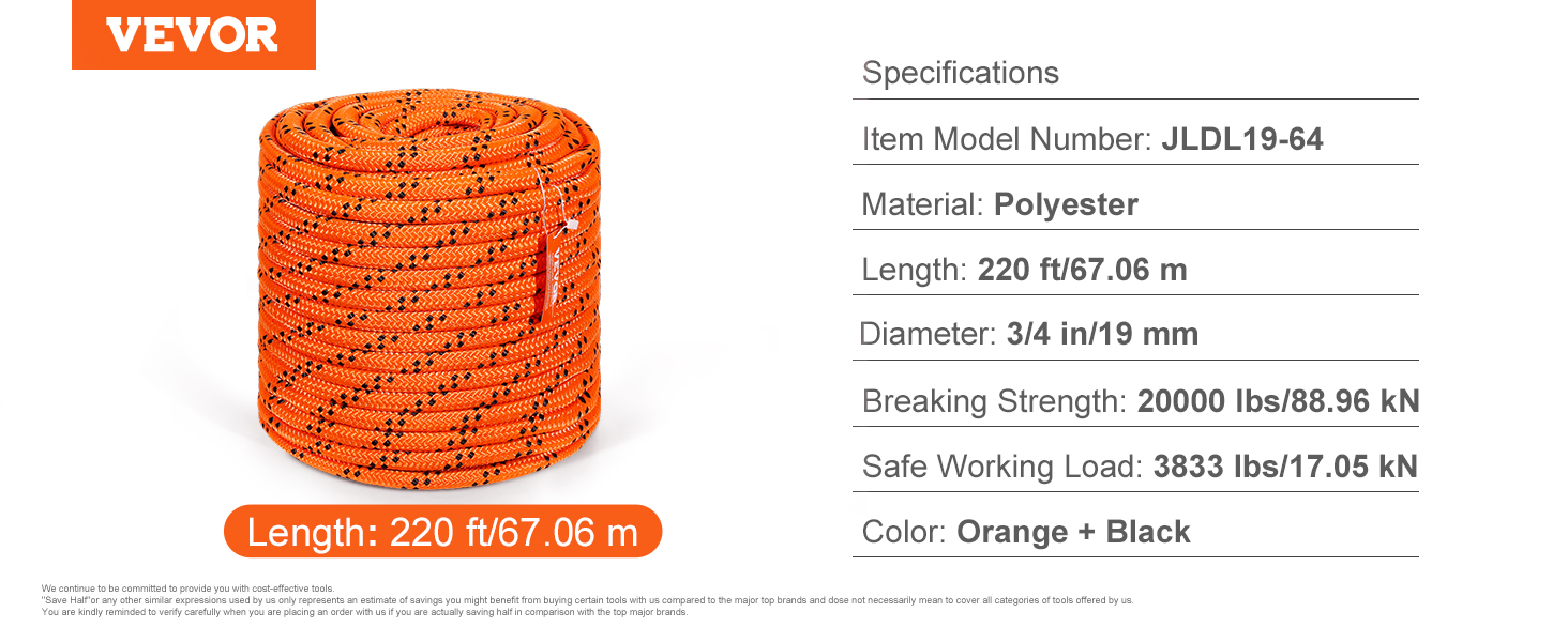 VEVOR Double Braided Polyester Rope, 3/4 in x 220 ft, 24 Strands, 20000 ...