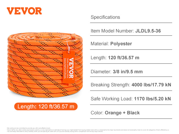 VEVOR Double Braided Polyester Rope, 3/8 in x 120 ft, 48 Strands, 4000 ...