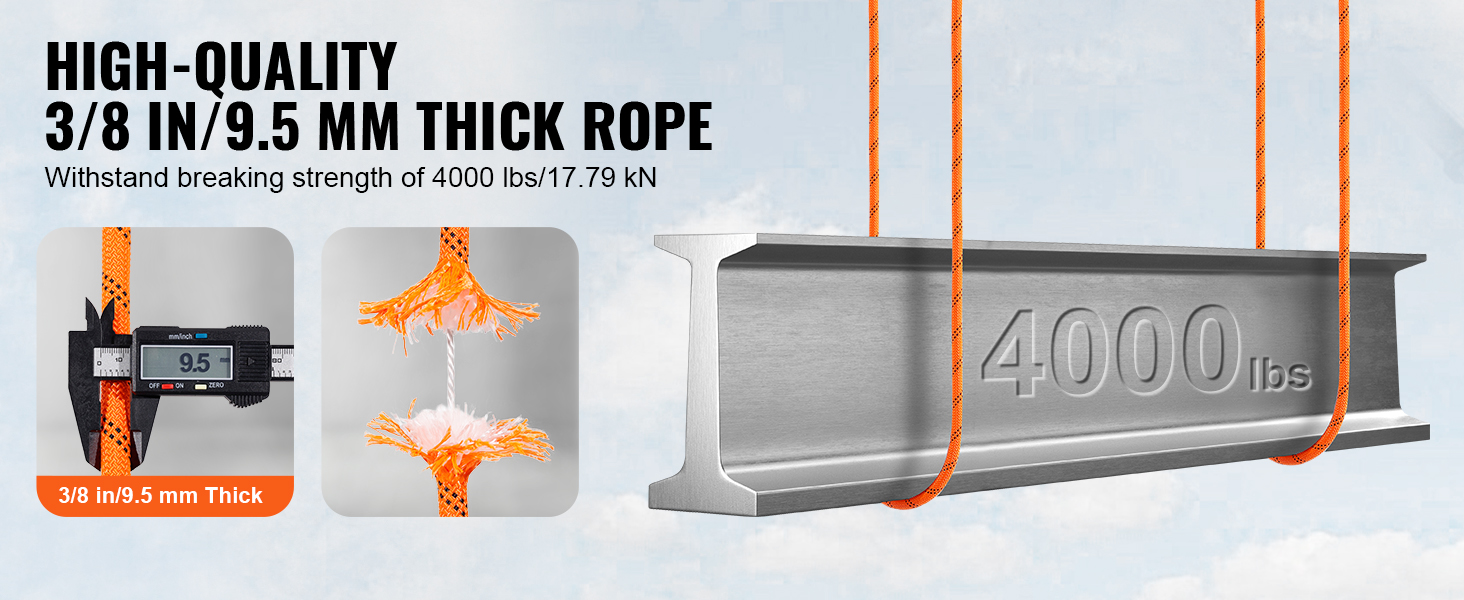 VEVOR Double Braided Polyester Rope, 3/8 in x 120 ft, 48 Strands, 4000 ...