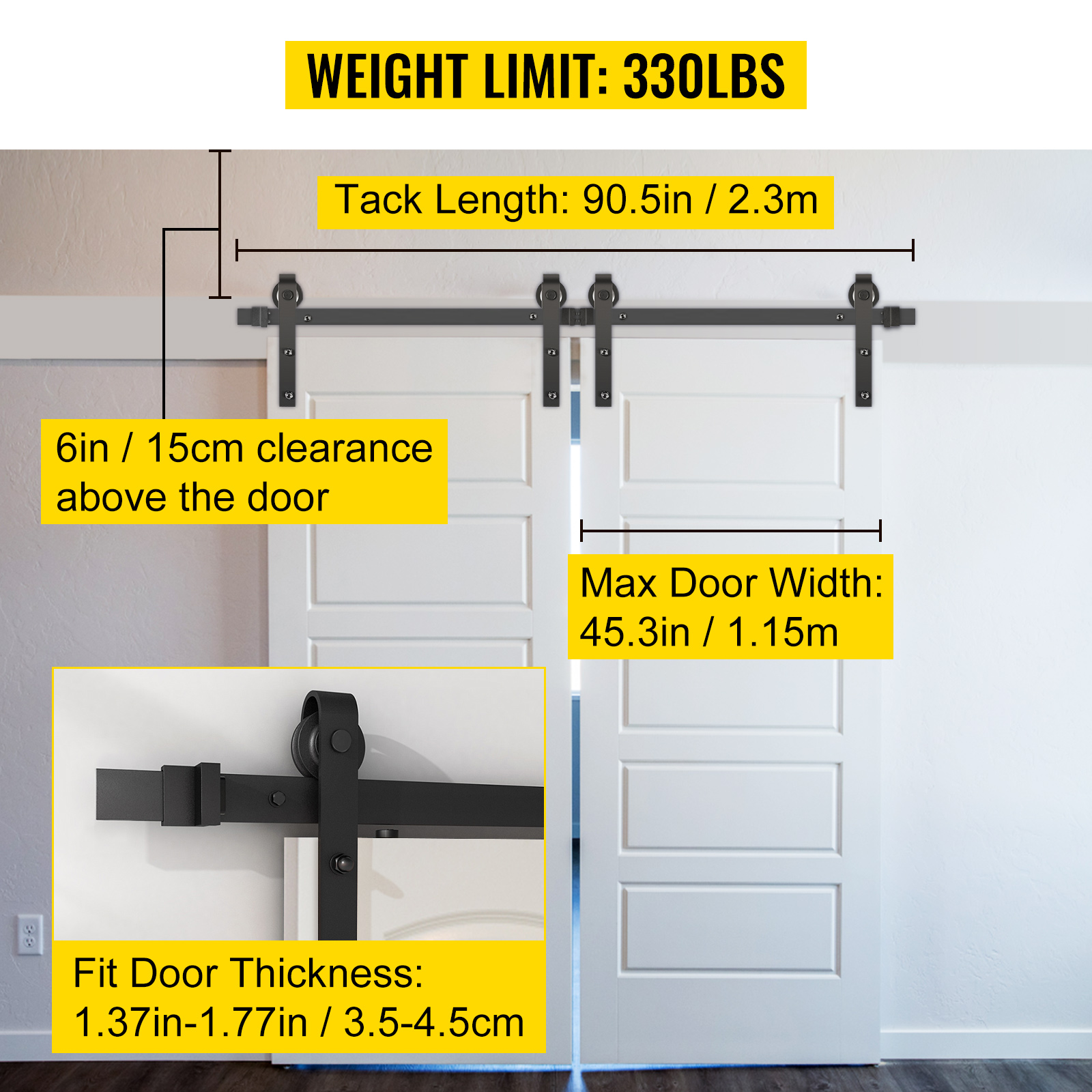 VEVOR Sliding Barn Door Hardware Kit, 7.5FT Barn Door Kit, 330LBS Load ...