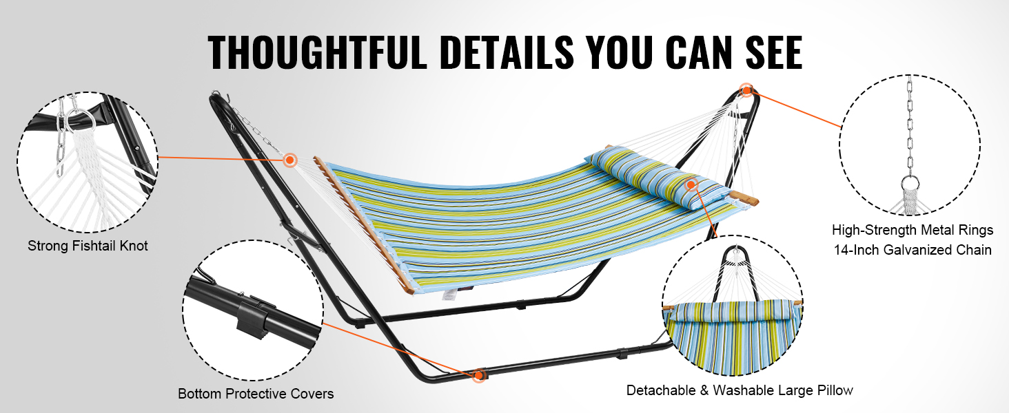 VEVOR Double Quilted Fabric Hammock Two Person Hammock with Stand 480lb ...