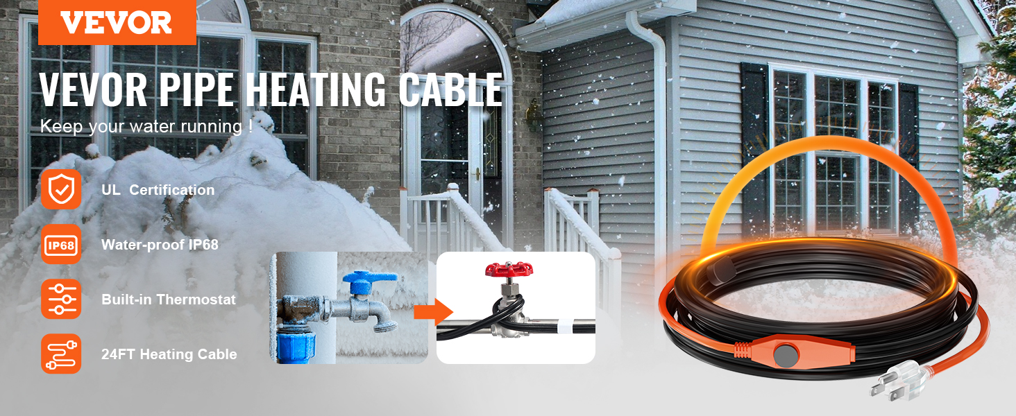 VEVOR Pipe Heating Cable 24FT 7W/FT Heat Tape for Pipes with Built-in ...