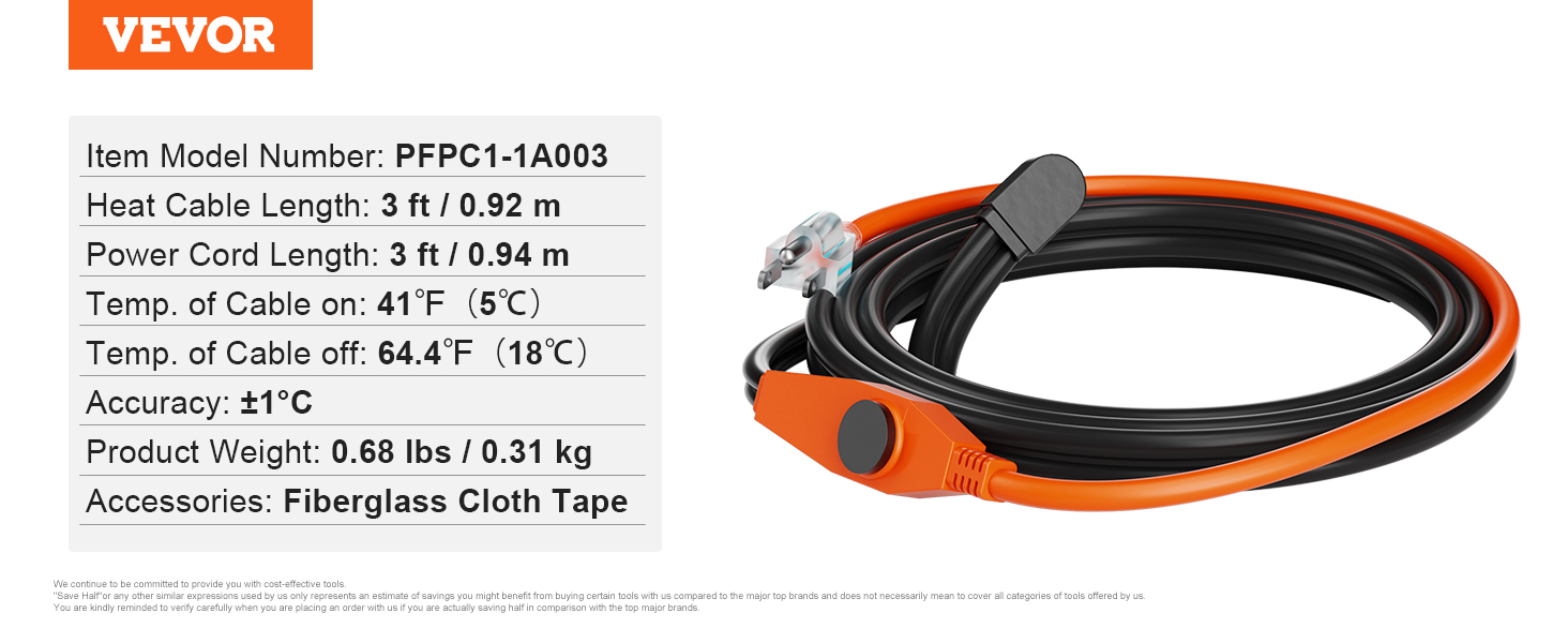 Pipe Heating Cable 3FT 7W/FT Heat Tape for Pipes with Built-in ...