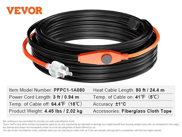 Pipe Heating Cable 80FT 7W/FT Heat Tape for Pipes with Built-in ...