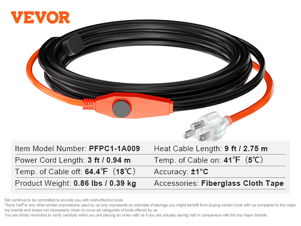 Pipe Heating Cable 9FT 7W/FT Heat Tape for Pipes with Built-in ...