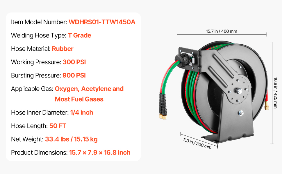 Retractable Welding Hose Reel 1/4 in x 50FT Oxygen Acetylene Rubber ...