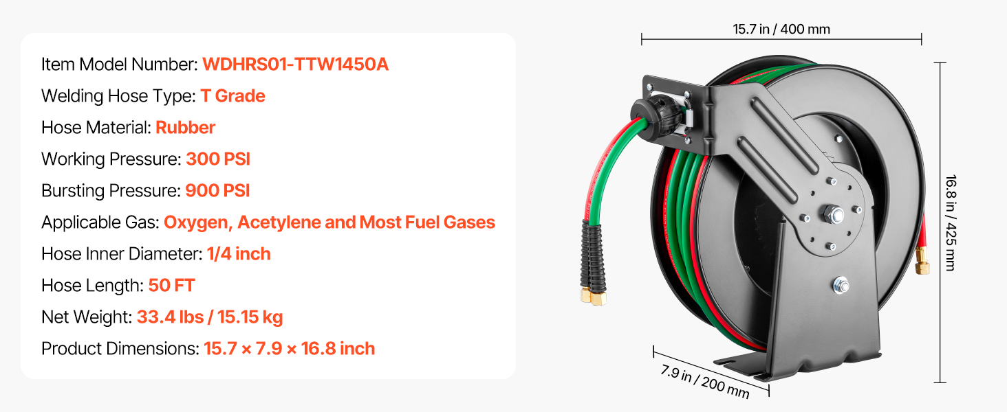 Retractable Welding Hose Reel 1/4 in x 50FT Oxygen Acetylene Rubber ...