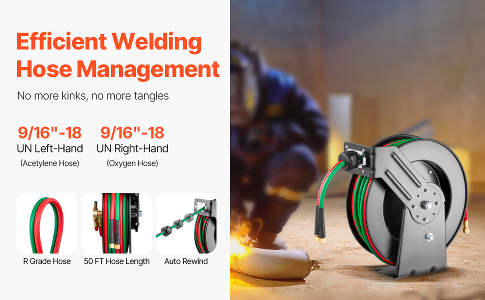 Retractable Welding Hose Reel 1/4 in x 50FT Oxygen Acetylene Rubber ...